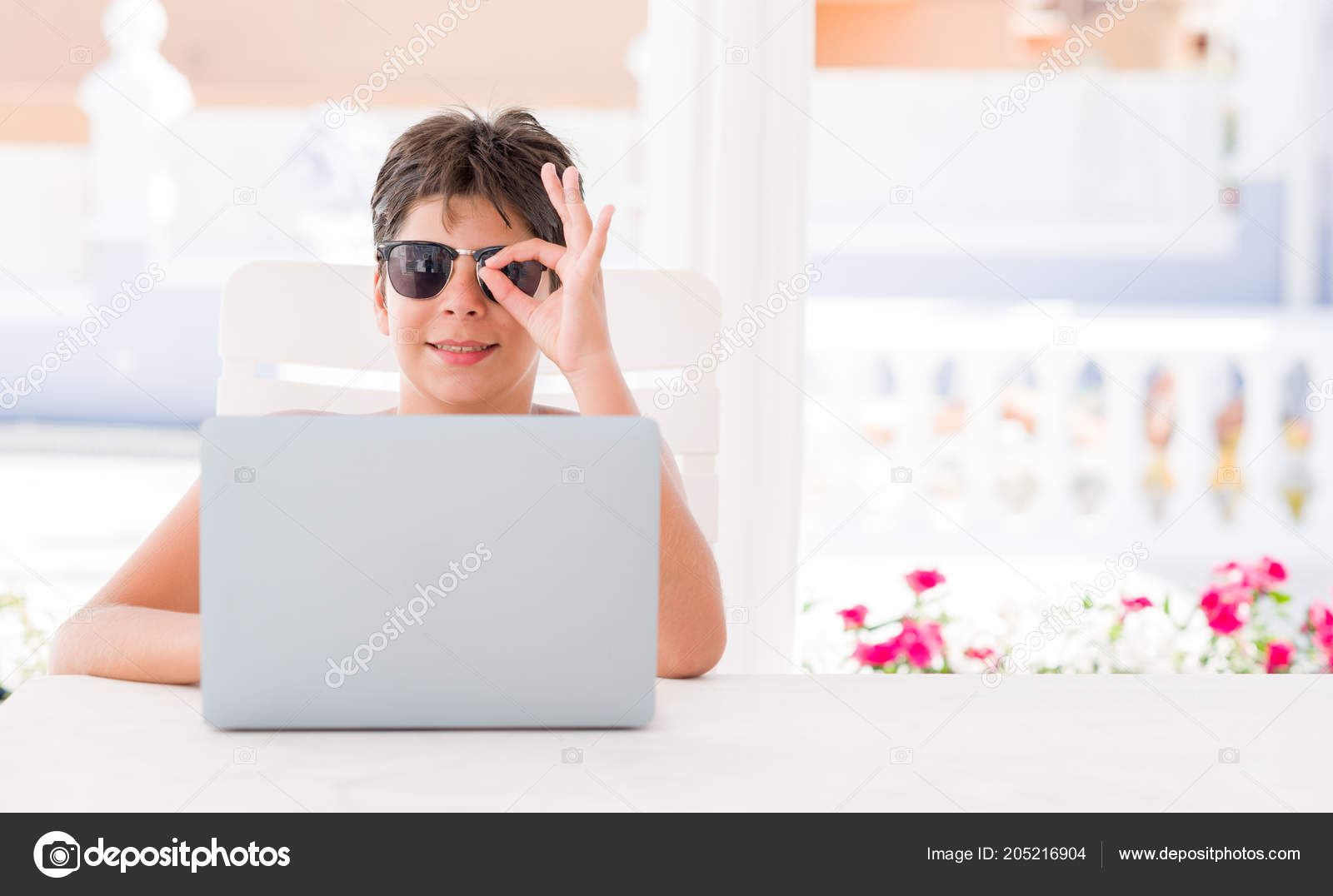 Young Child Holidays Using Computer Laptop Happy Face Smiling Doing ⬇ ...