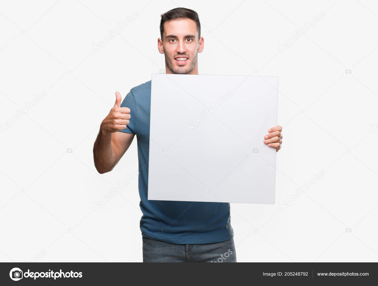 Handsome Young Man Holding Advertising Banner Happy Big Smile Doing ...