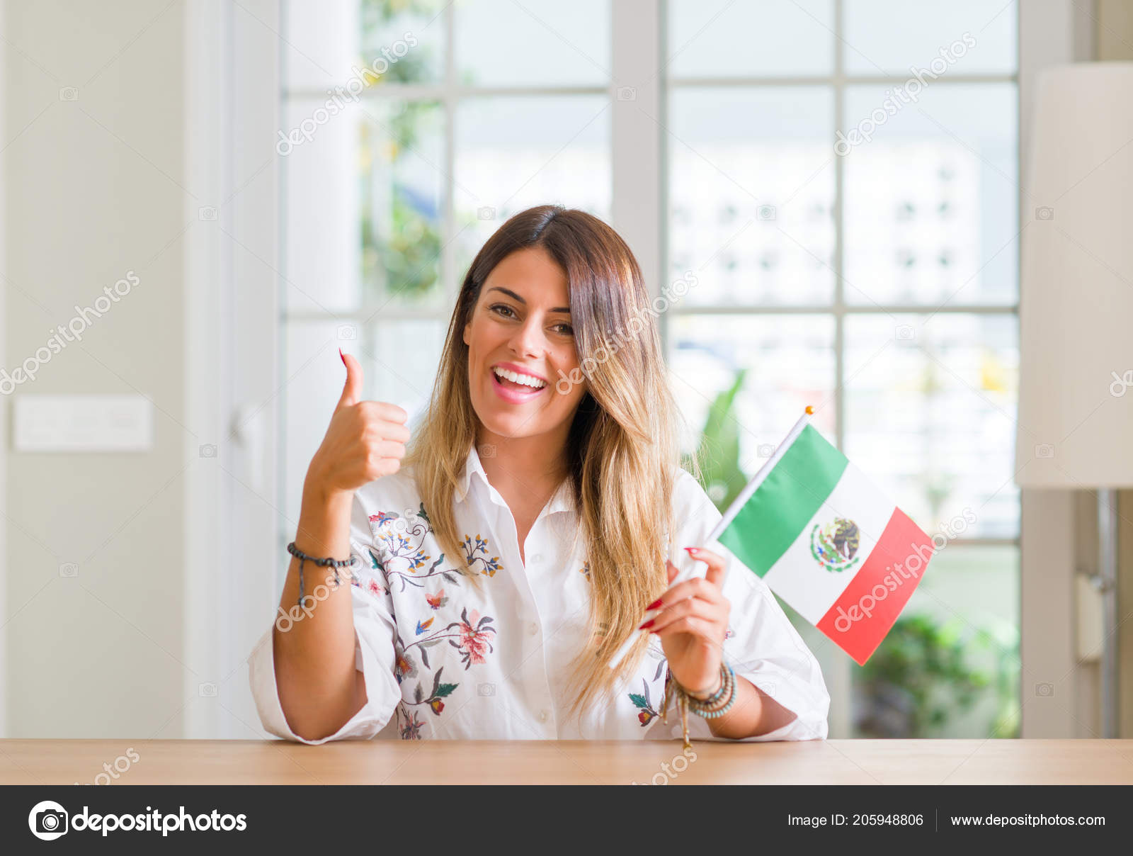 Young Woman Home Holding Flag Mexico Happy Big Smile Doing — Stock ...