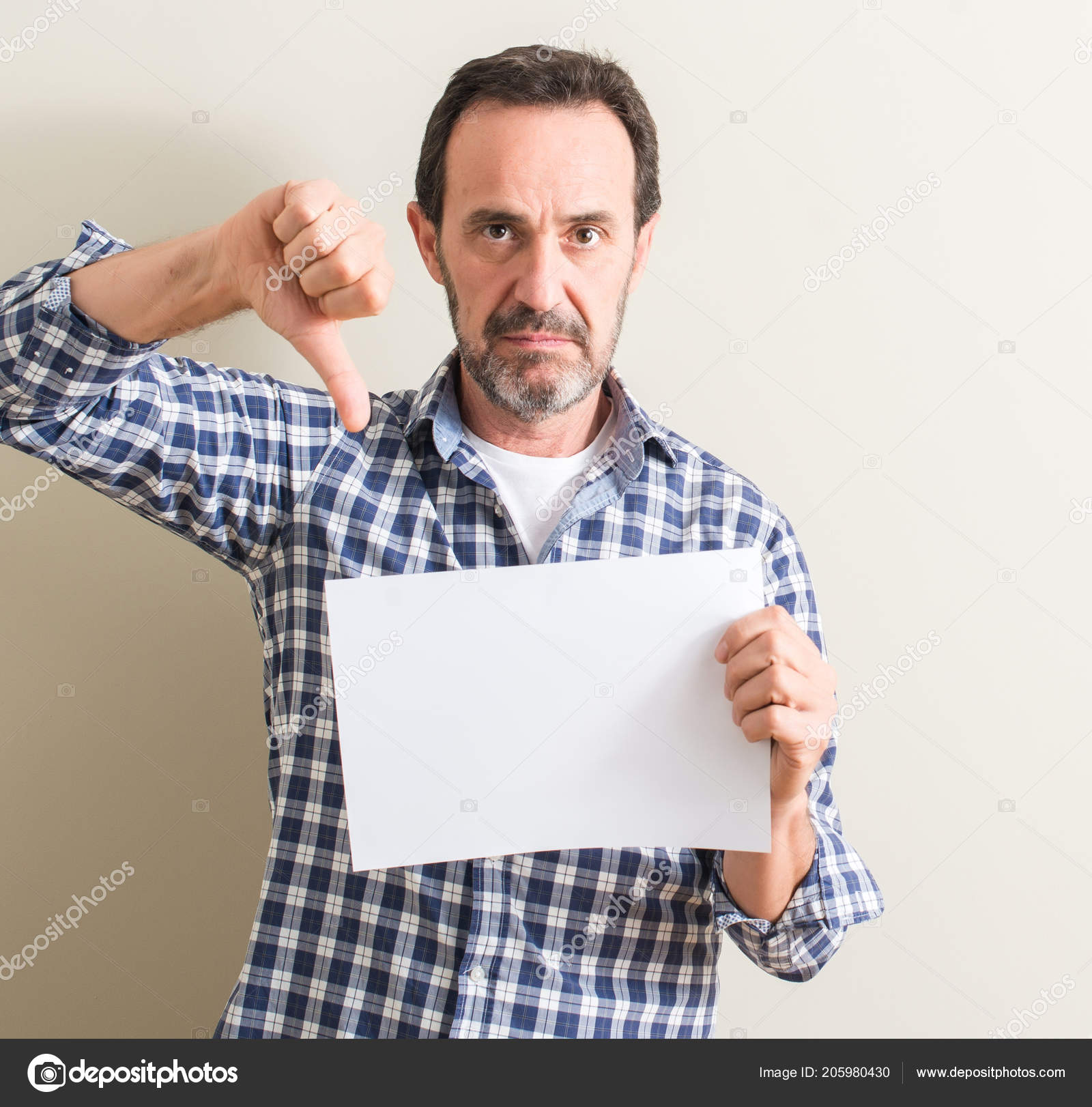 Senior Man Holding Blank Paper Sheet Angry Face Negative Sign — Stock ...