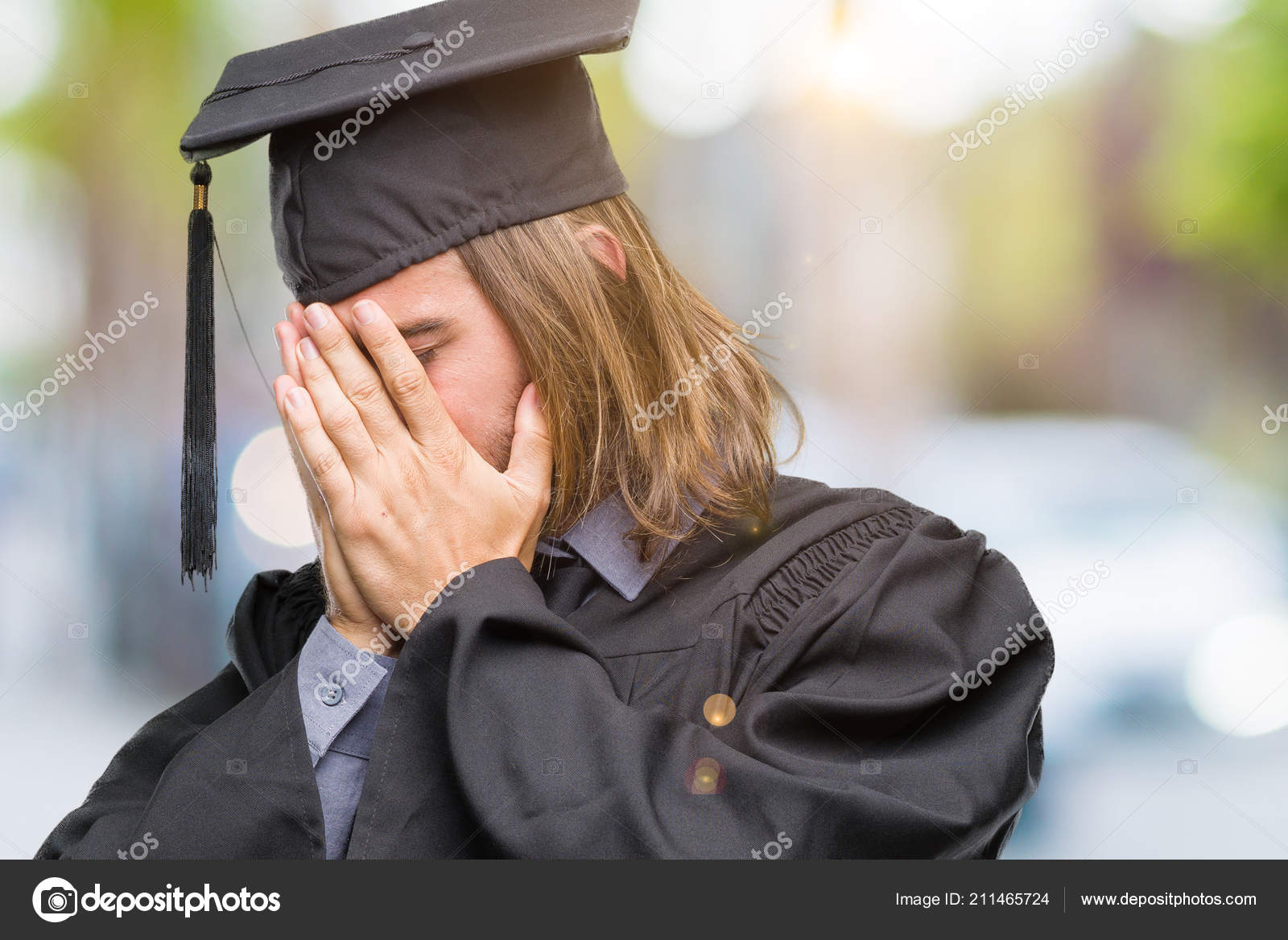 Young Handsome Graduated Man Long Hair Isolated Background Sad ...