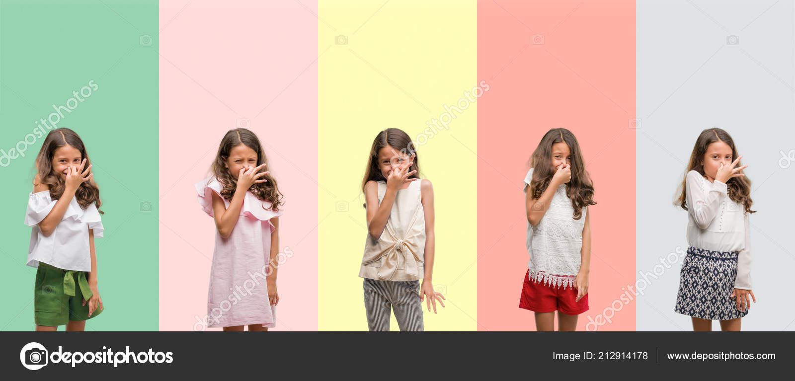 Collage Brunette Hispanic Girl Wearing Different Outfits Smelling ...