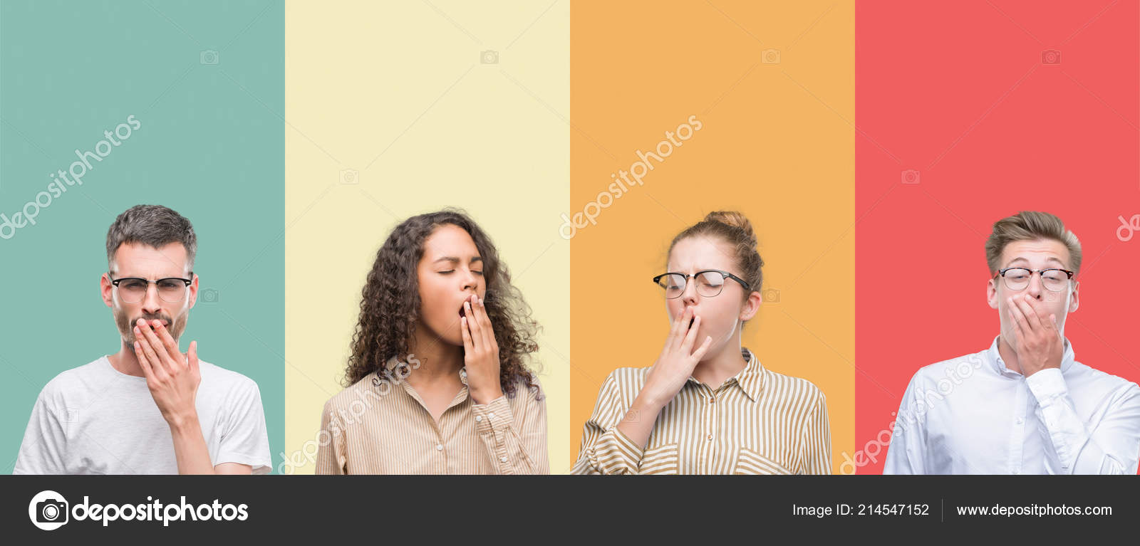 Collage Group People Isolated Colorful Background Bored Yawning Tired ...