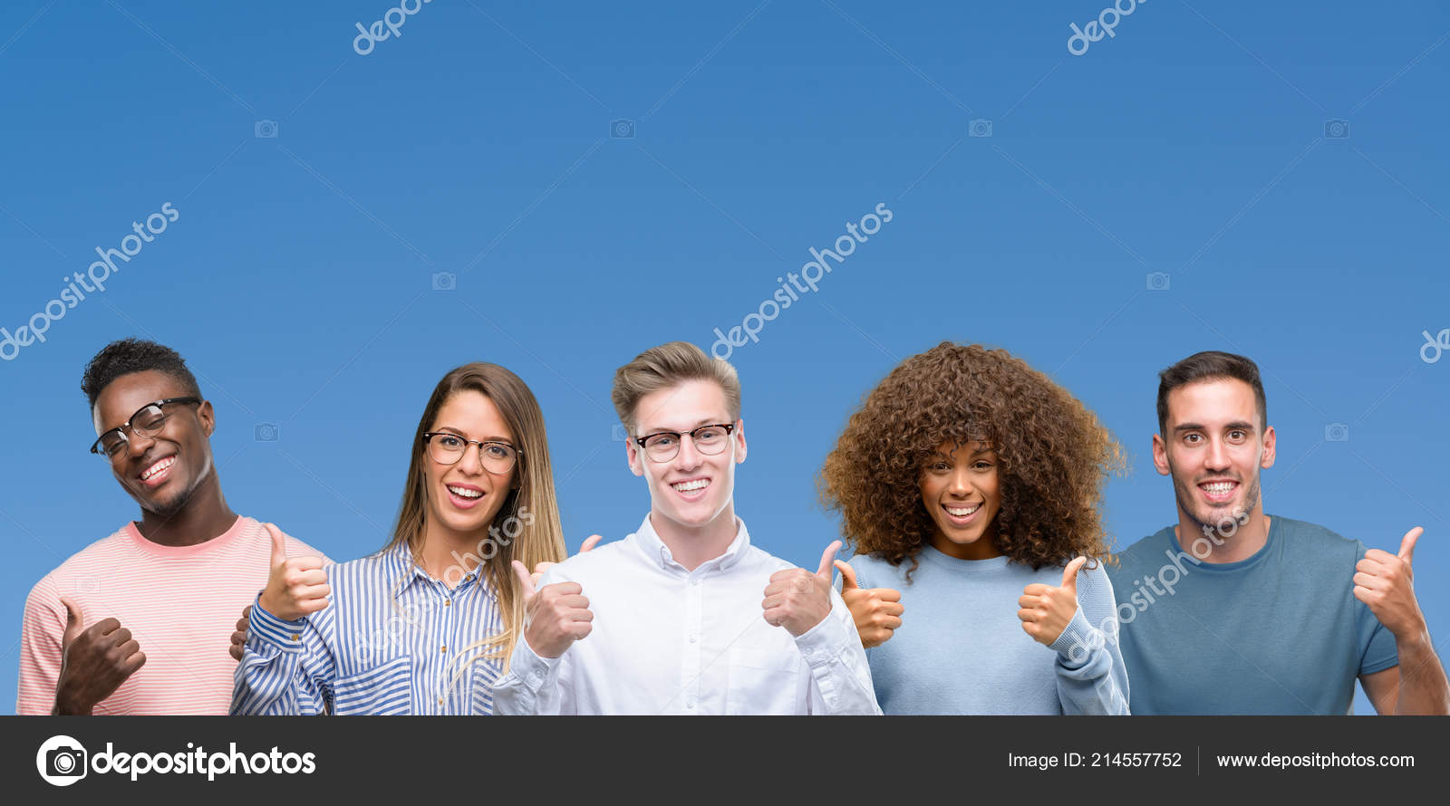 Composition Group Friends Blue Blackground Success Sign Doing Positive ...