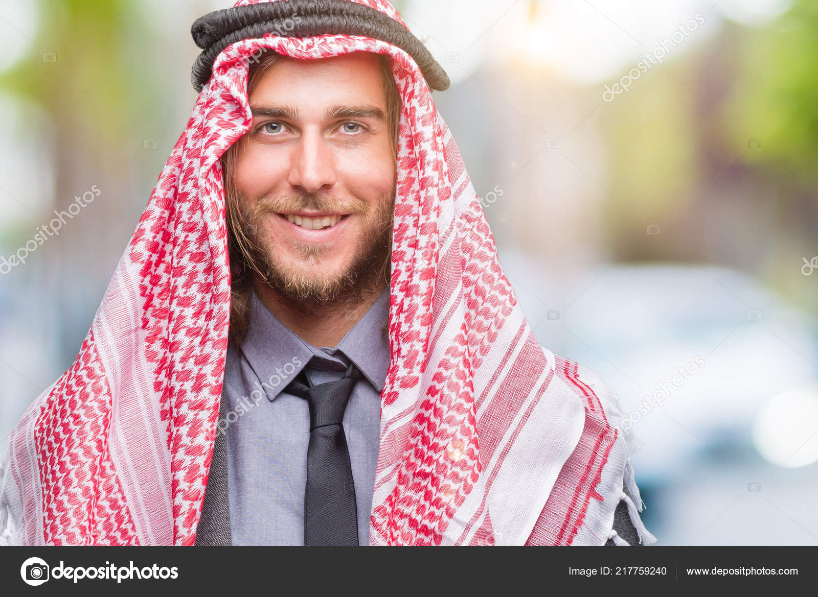 Young Handsome Arabian Man Long Hair Wearing Keffiyeh Isolated ...