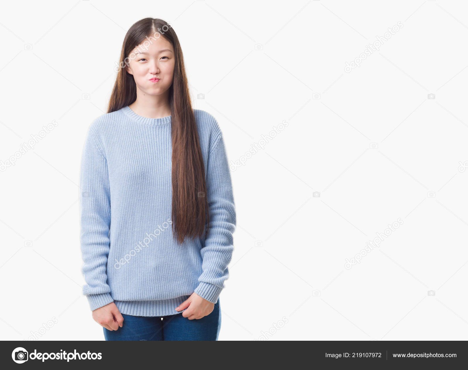 Young Chinese Woman Isolated Background Puffing Cheeks Funny Face Mouth ...