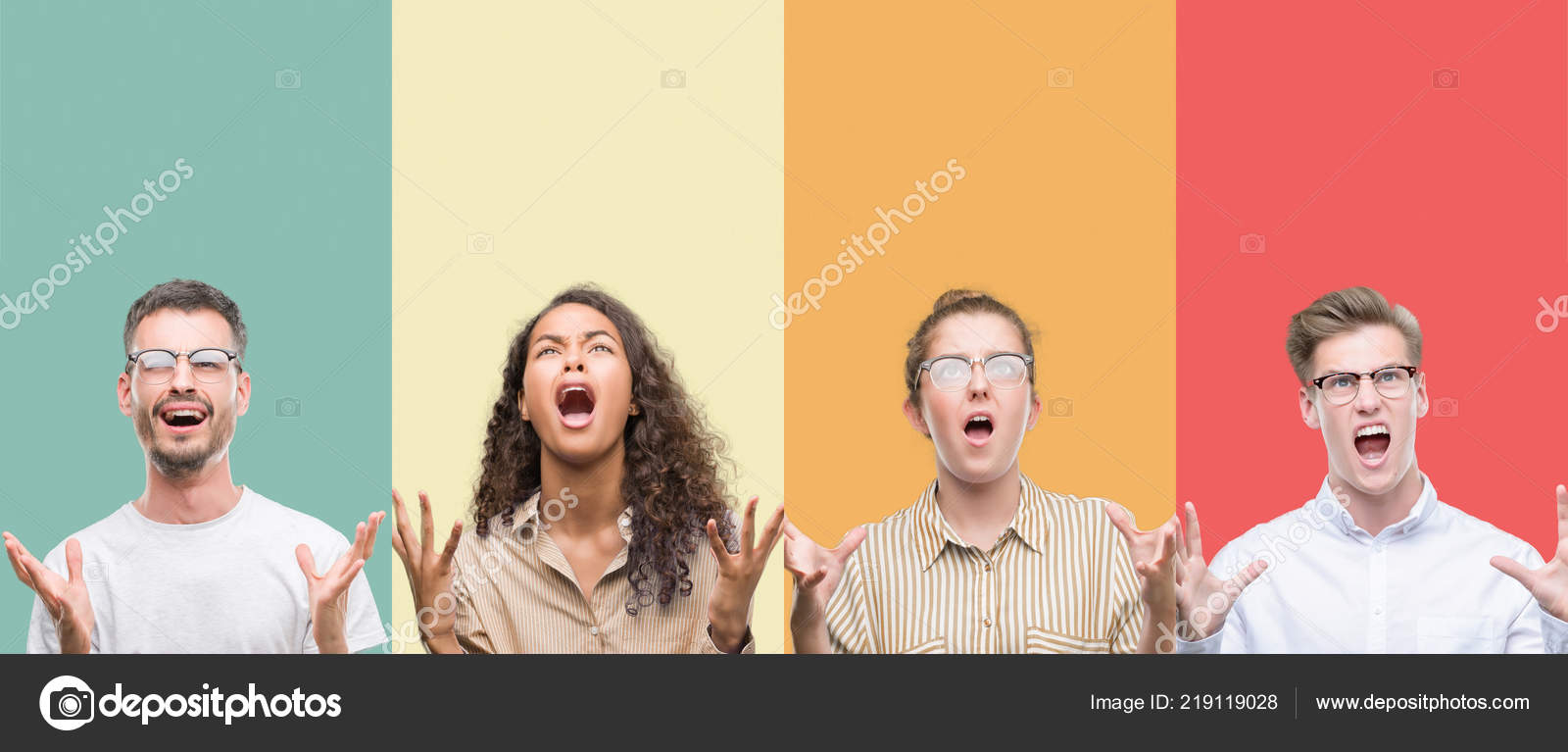 Collage Group People Isolated Colorful Background Crazy Mad Shouting ...