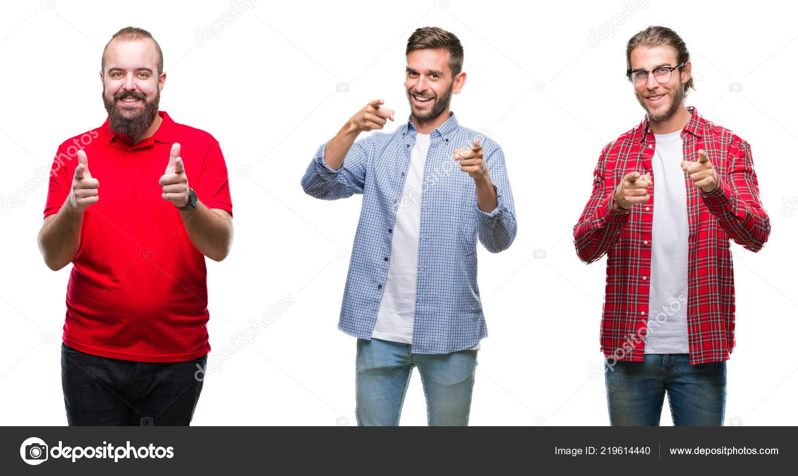 Collage Group Young Men Isolated Background Pointing Fingers Camera ...