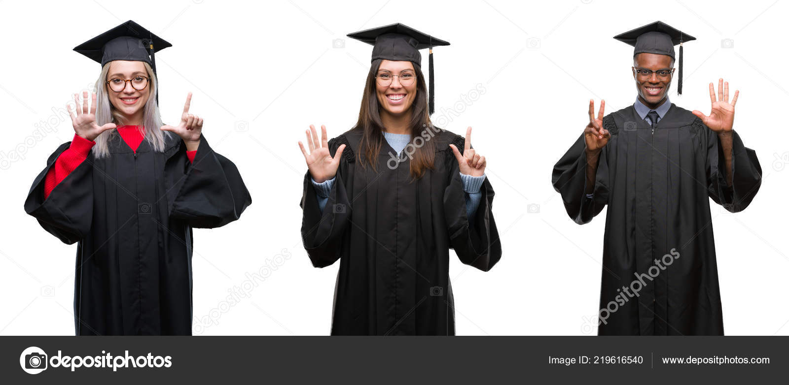 Collage Group Young Student People Wearing Univerty Graduated Uniform ...