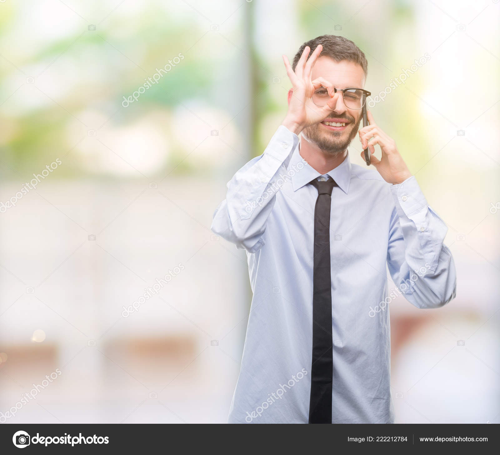 Young Business Adult Man Talking Phone Happy Face Smiling Doing — Stock ...