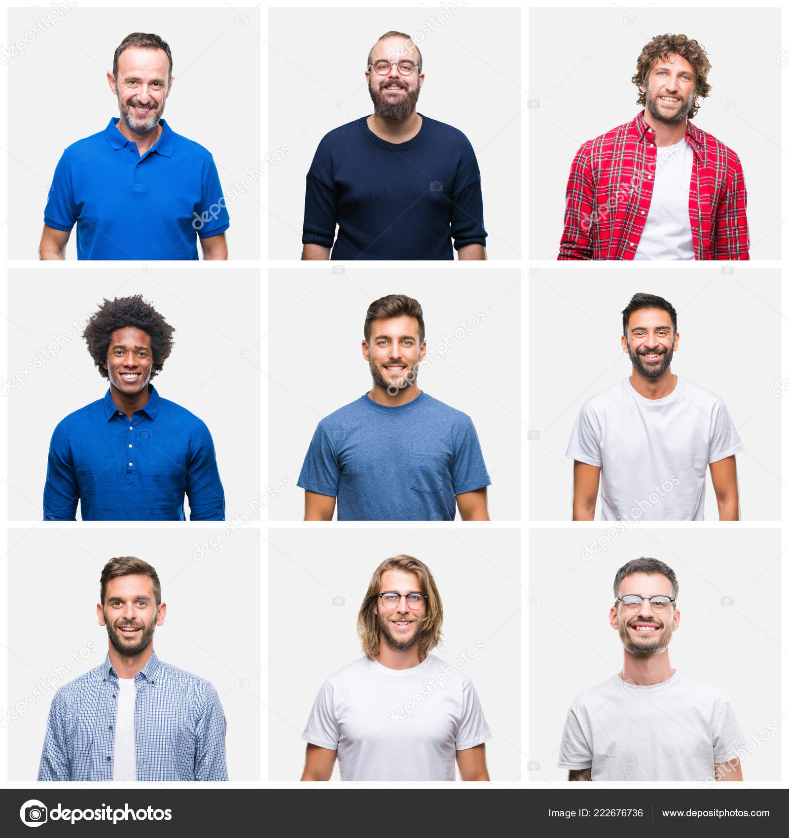 Collage Group Men White Isolated Background Happy Cool Smile Face Stock ...