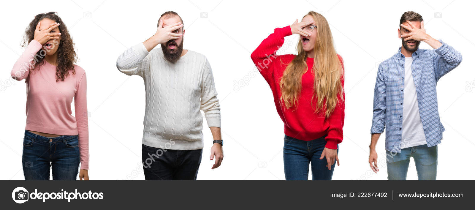 Collage Group Young People White Isolated Background Peeking Shock ...