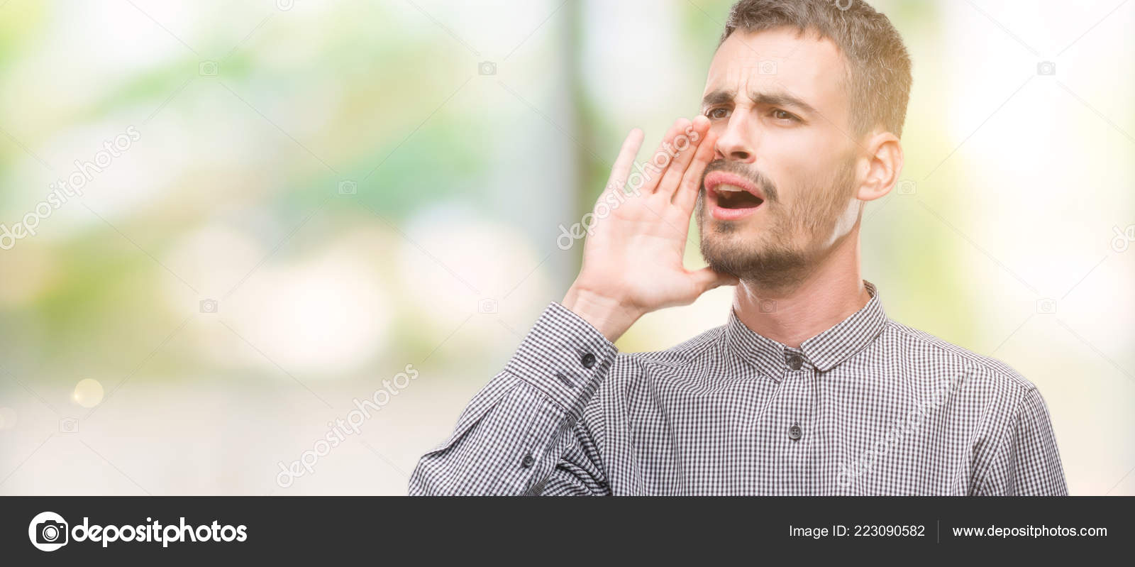 Young Hipster Man Shouting Screaming Loud Side Hand Mouth Communication ...
