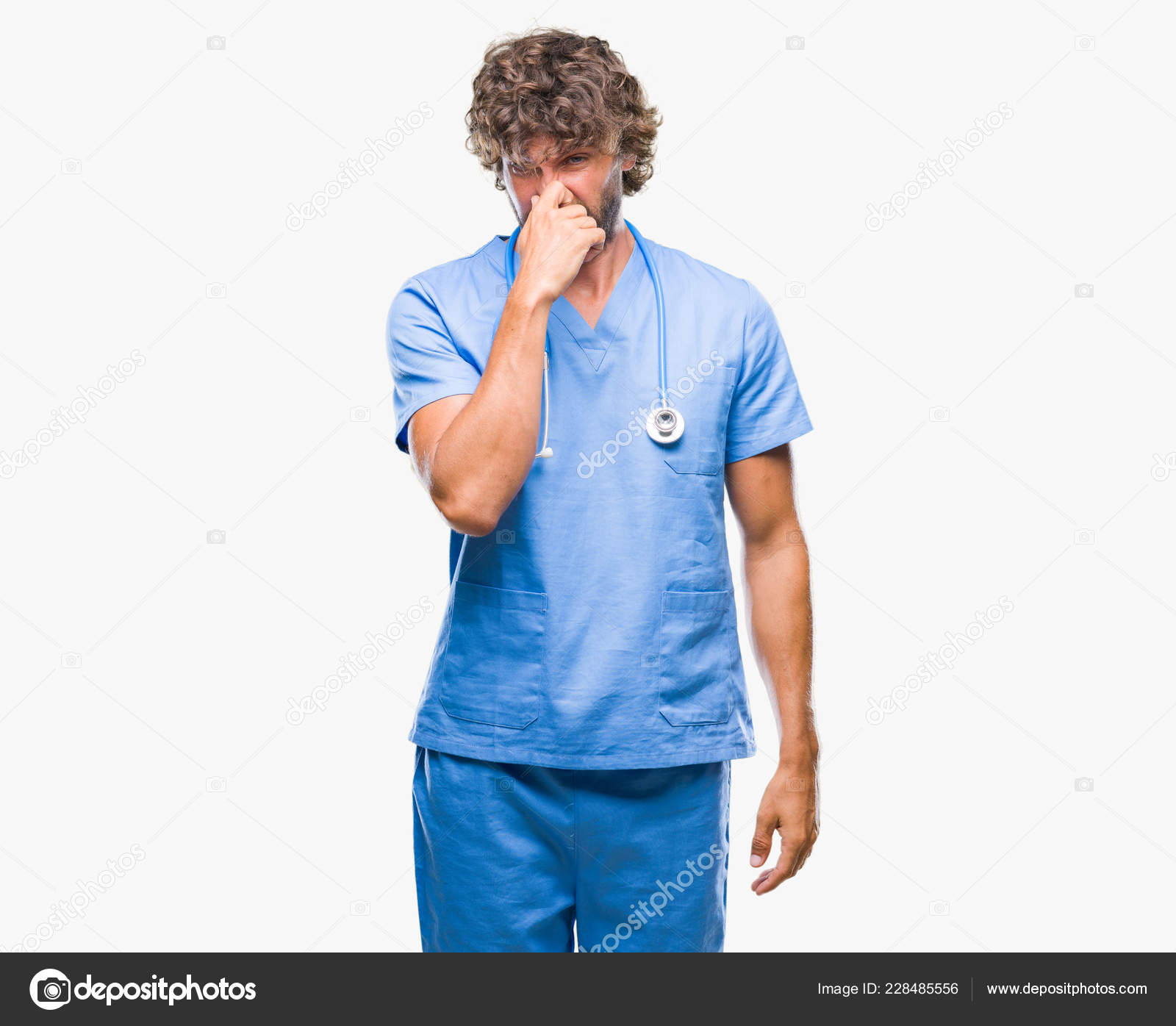 Handsome Hispanic Surgeon Doctor Man Isolated Background Smelling ...
