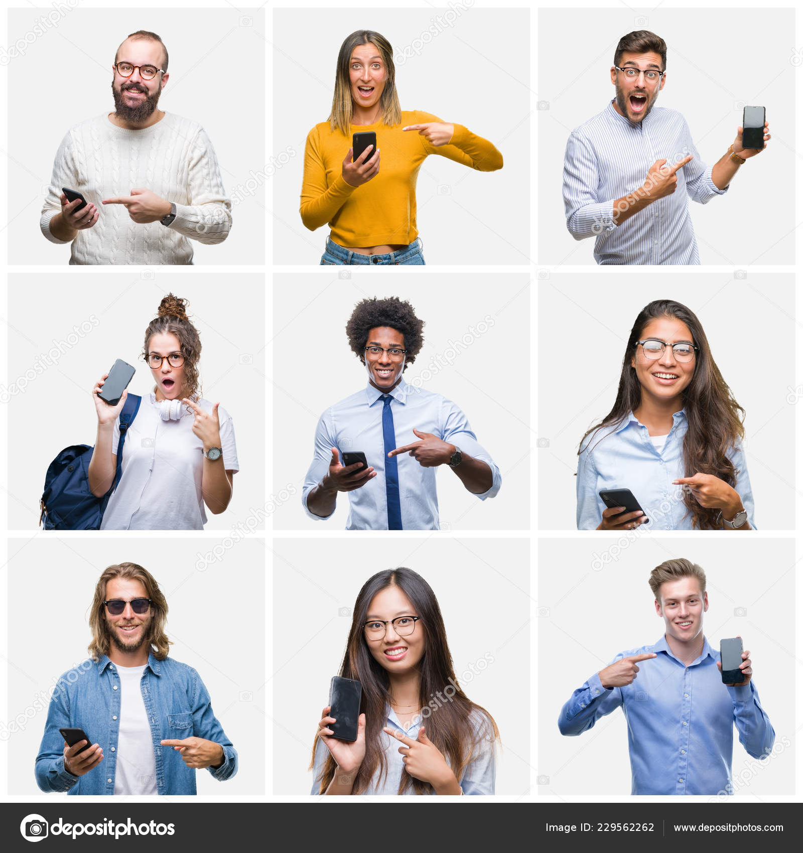 Collage Group Young People Using Smartphone Isolated Background Very ...