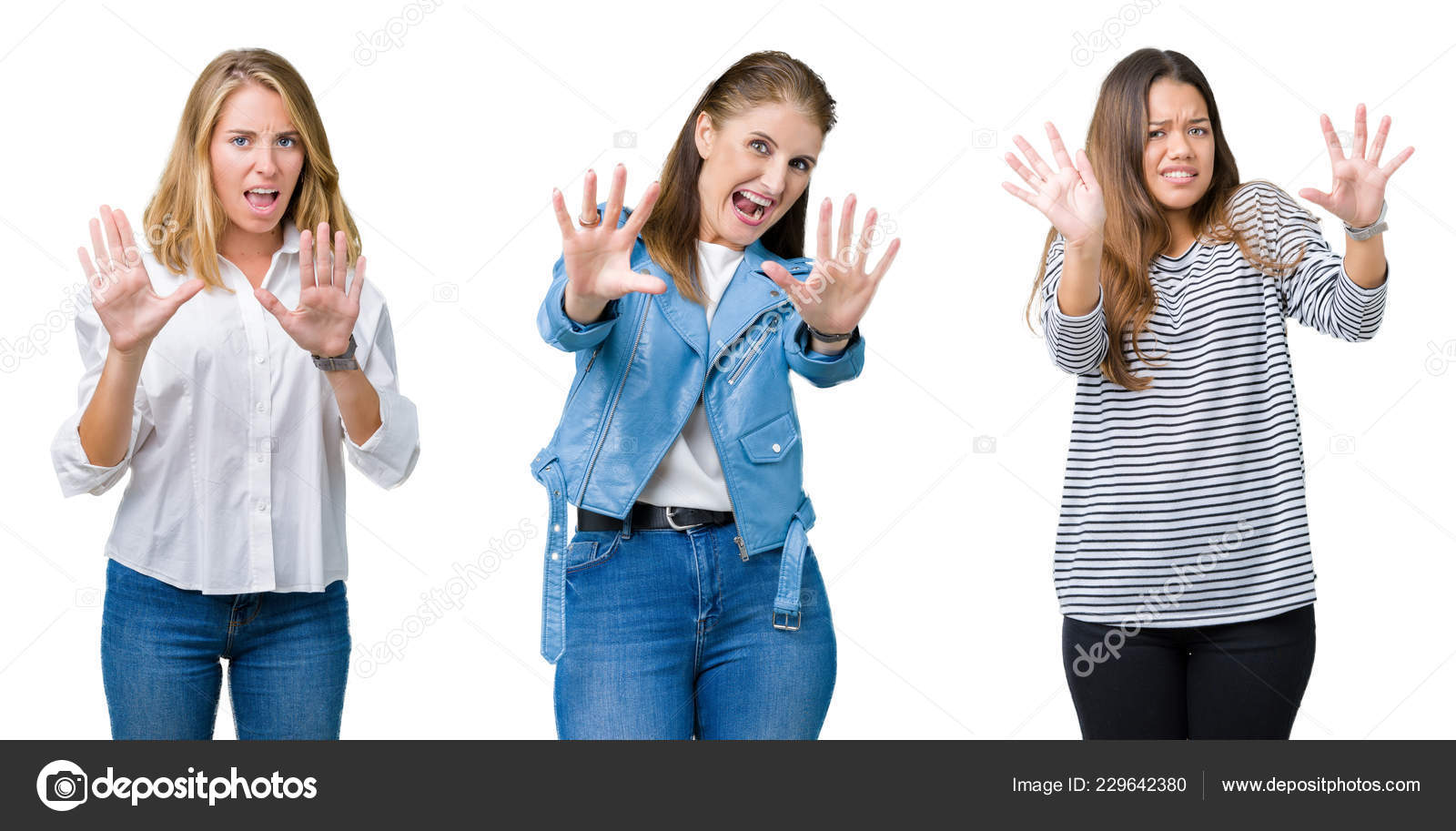 Collage Group Three Beautiful Women White Isolated Background Afraid ...
