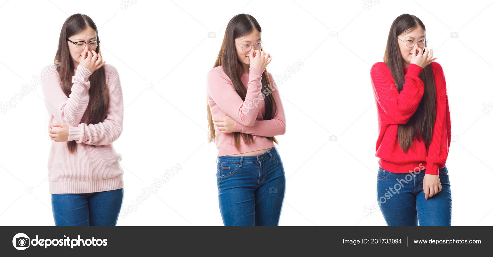 Collage Young Beautiful Chinese Woman Isolated Background Smelling ... Collage Young Beautiful Chinese Woman Isolated Background Smelling ...