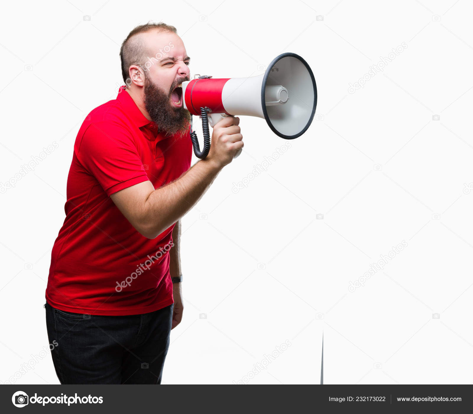 Young Caucasian Man Shouting Megaphone Isolated Background Annoyed ...