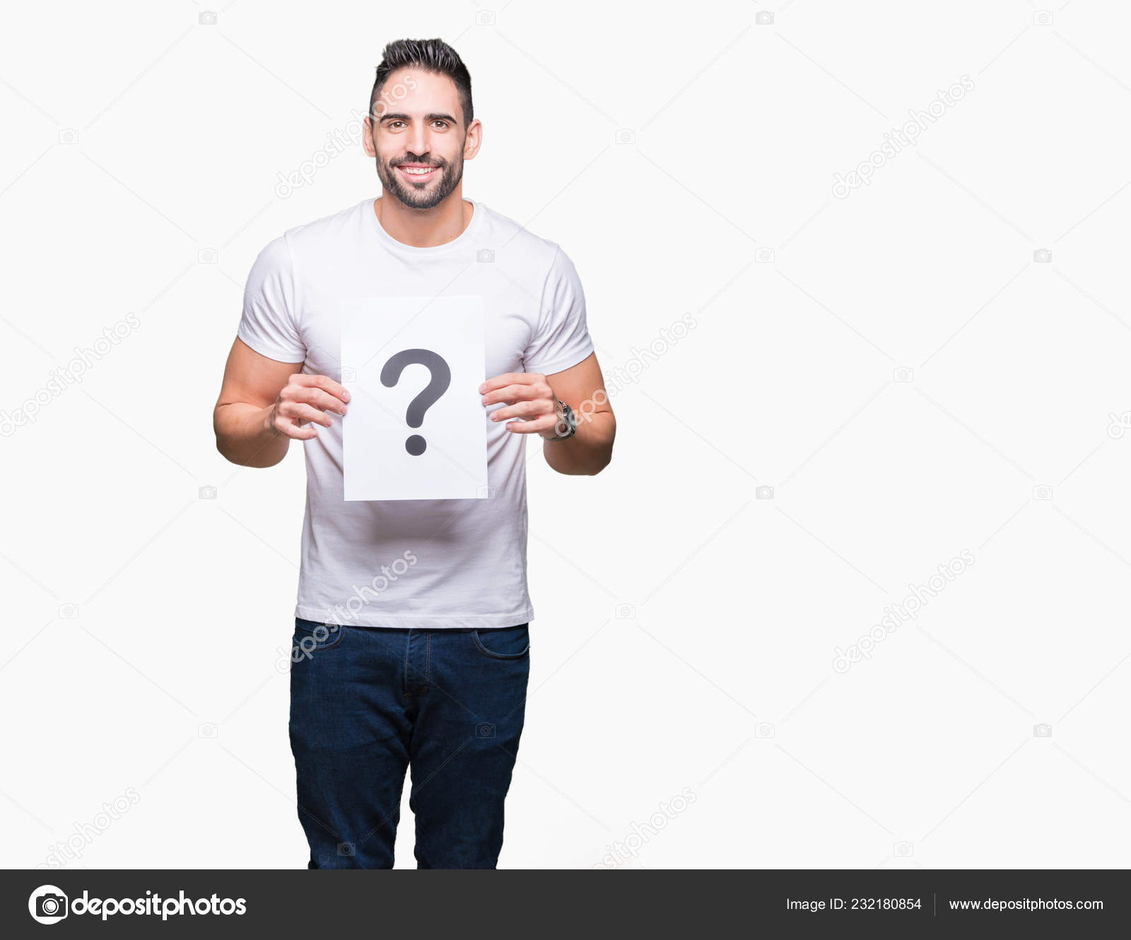 Handsome Young Man Holding Paper Question Mark Isolated Background ...