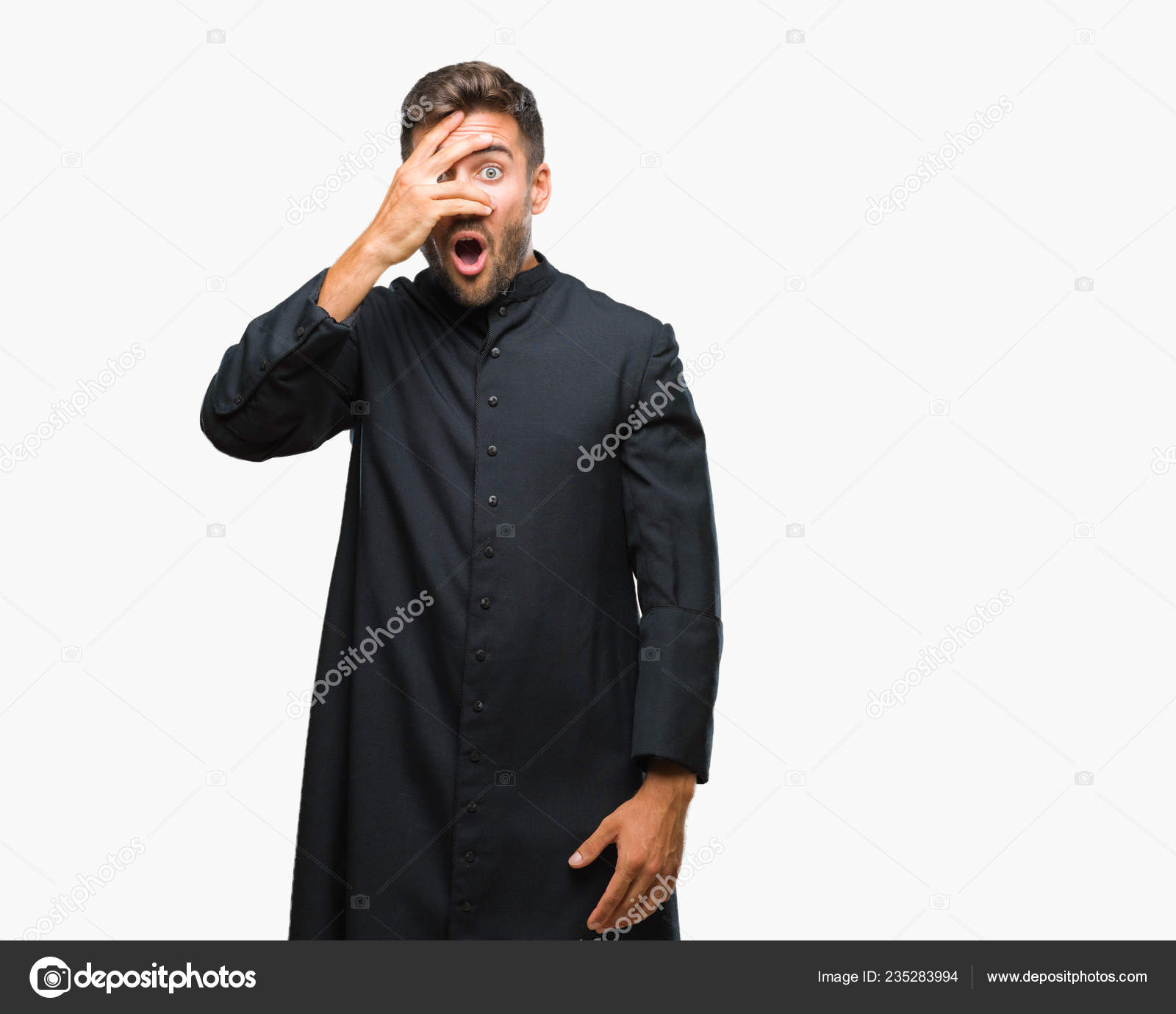 Young Catholic Christian Priest Man Isolated Background Peeking Shock ...