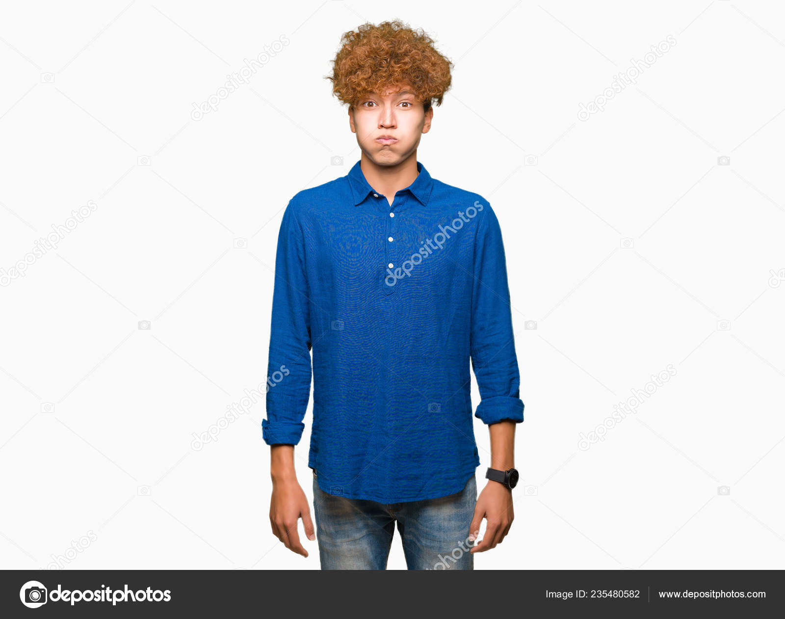 Young Handsome Elegant Man Afro Hair Puffing Cheeks Funny Face — Stock ...