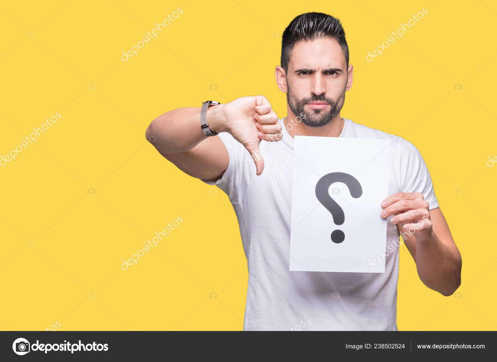 Handsome Young Man Holding Paper Question Mark Isolated Background ...