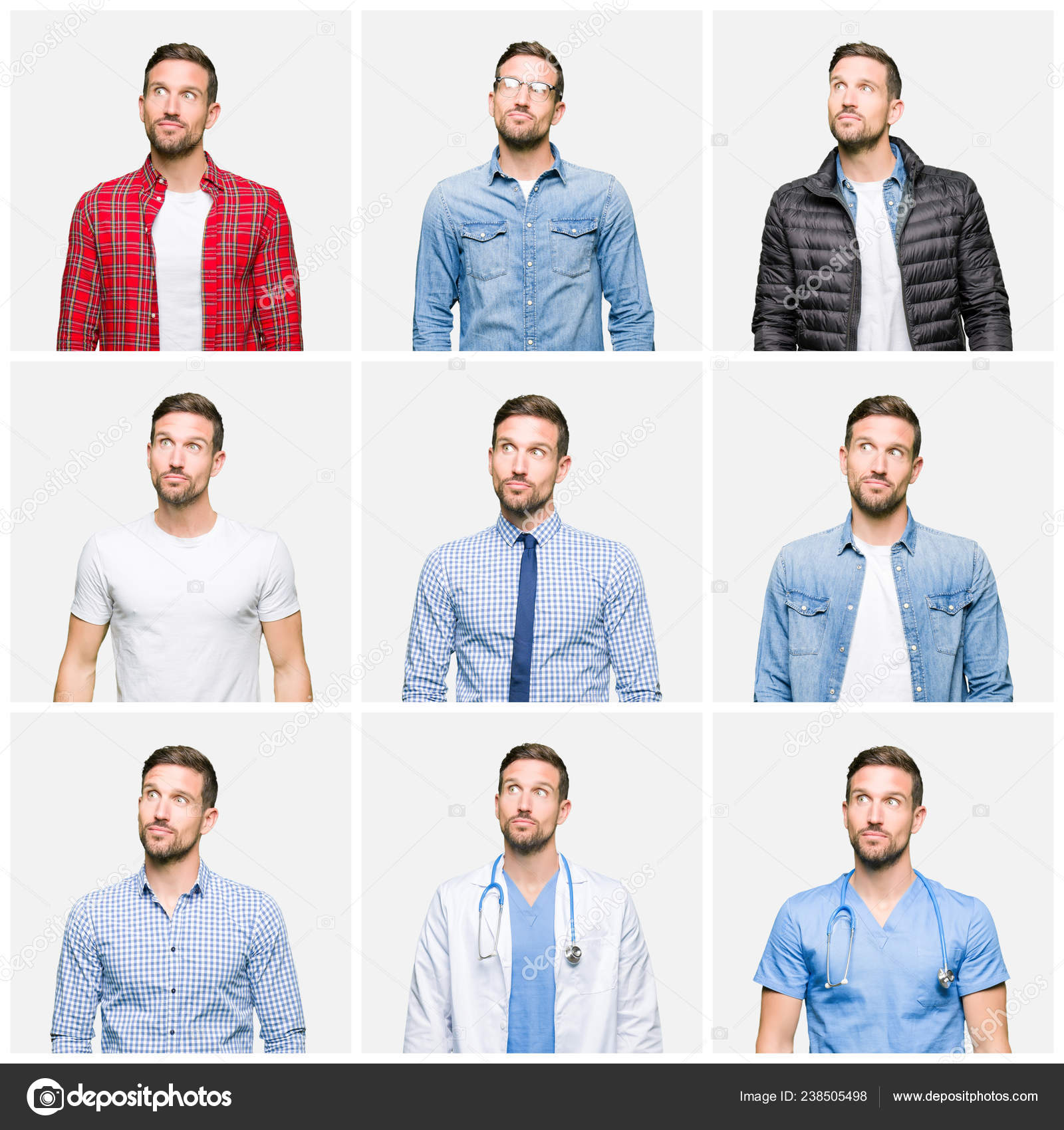 Collage Attractive Young Man White Isolated Background Smiling Looking ...