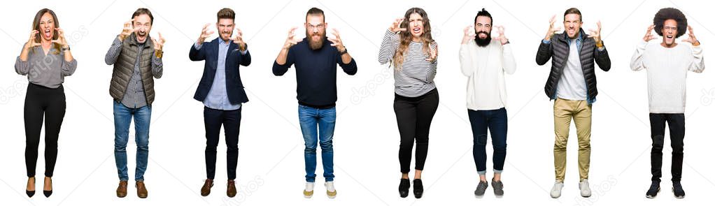 Collage de personas sobre fondo blanco aislado Gritando frustrado por ...