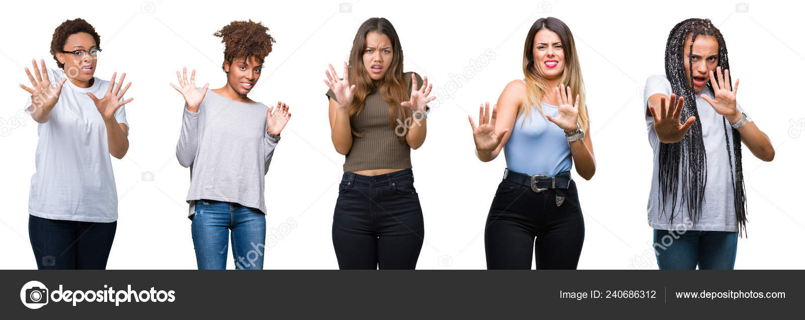 Collage Group Young Women Isolated Background Afraid Terrified Fear ...