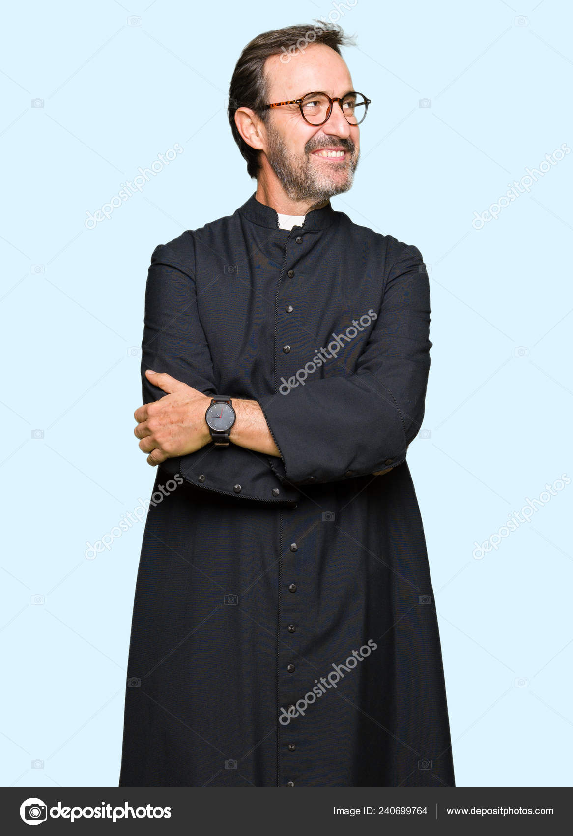 Middle Age Priest Man Wearing Catholic Robe Smiling Looking Side ...