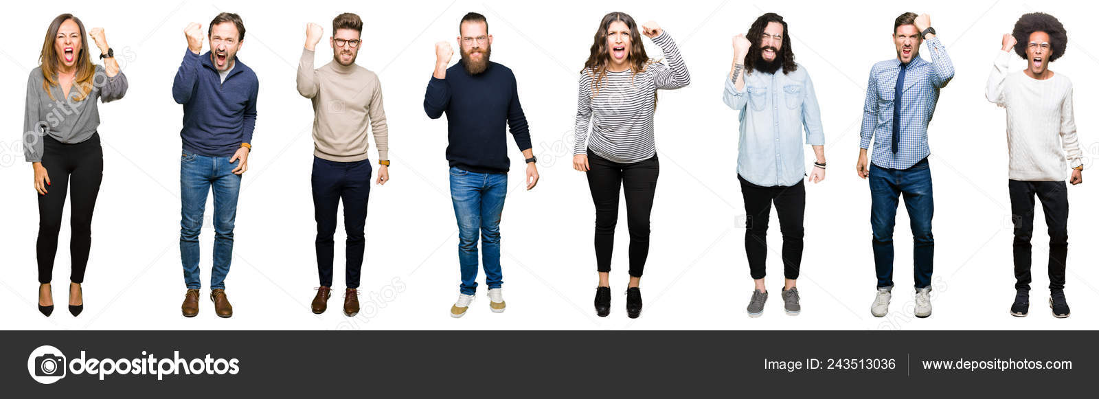 Collage People White Isolated Background Angry Mad Raising Fist ...