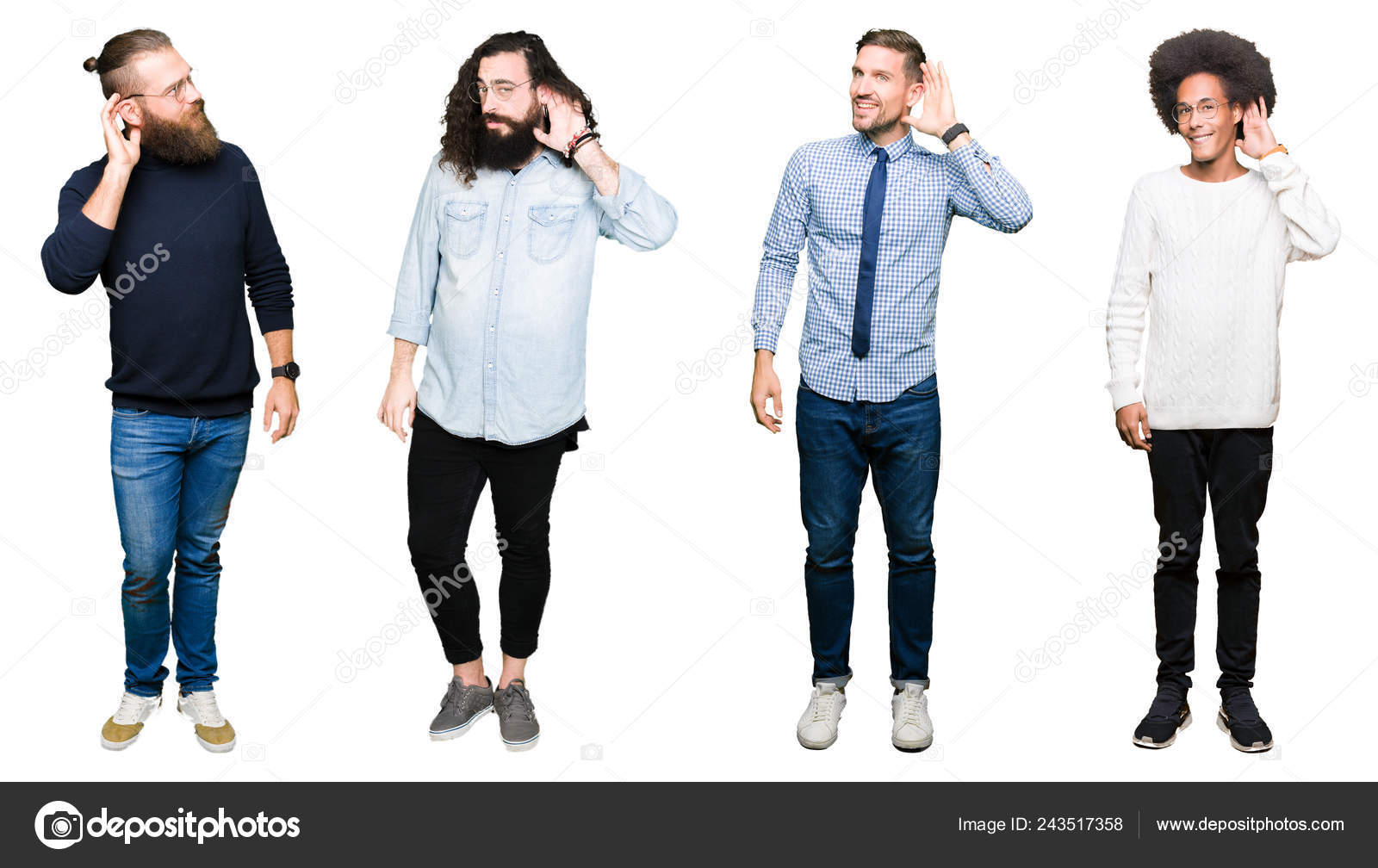 Collage Group Young Men White Isolated Background Smiling Hand Ear ...