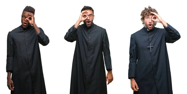 Collage Christian Priest Men Isolated Background Amazed Smiling Camera ...