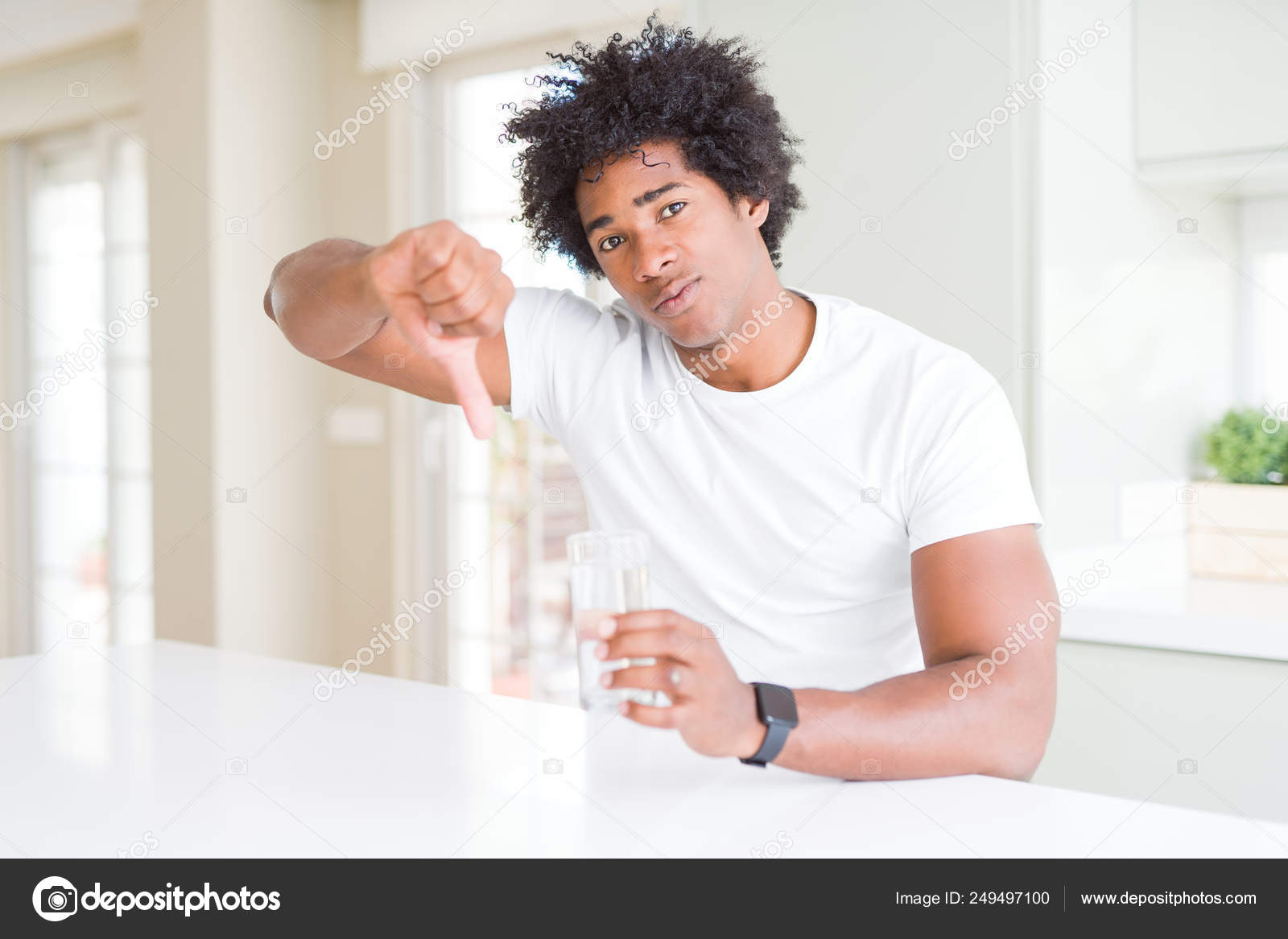 African American Man Drinking Glass Water Home Angry Face Negative ...