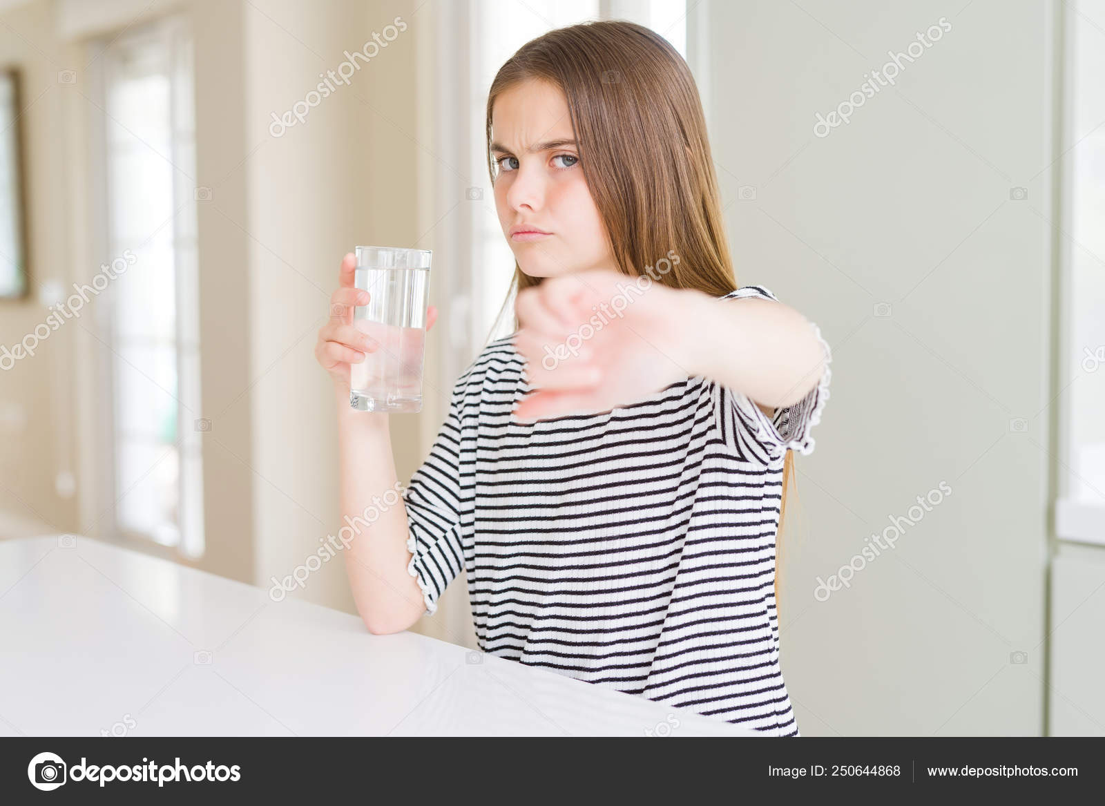 Beautiful Young Girl Kid Drinking Fresh Glass Water Angry Face Stock ...