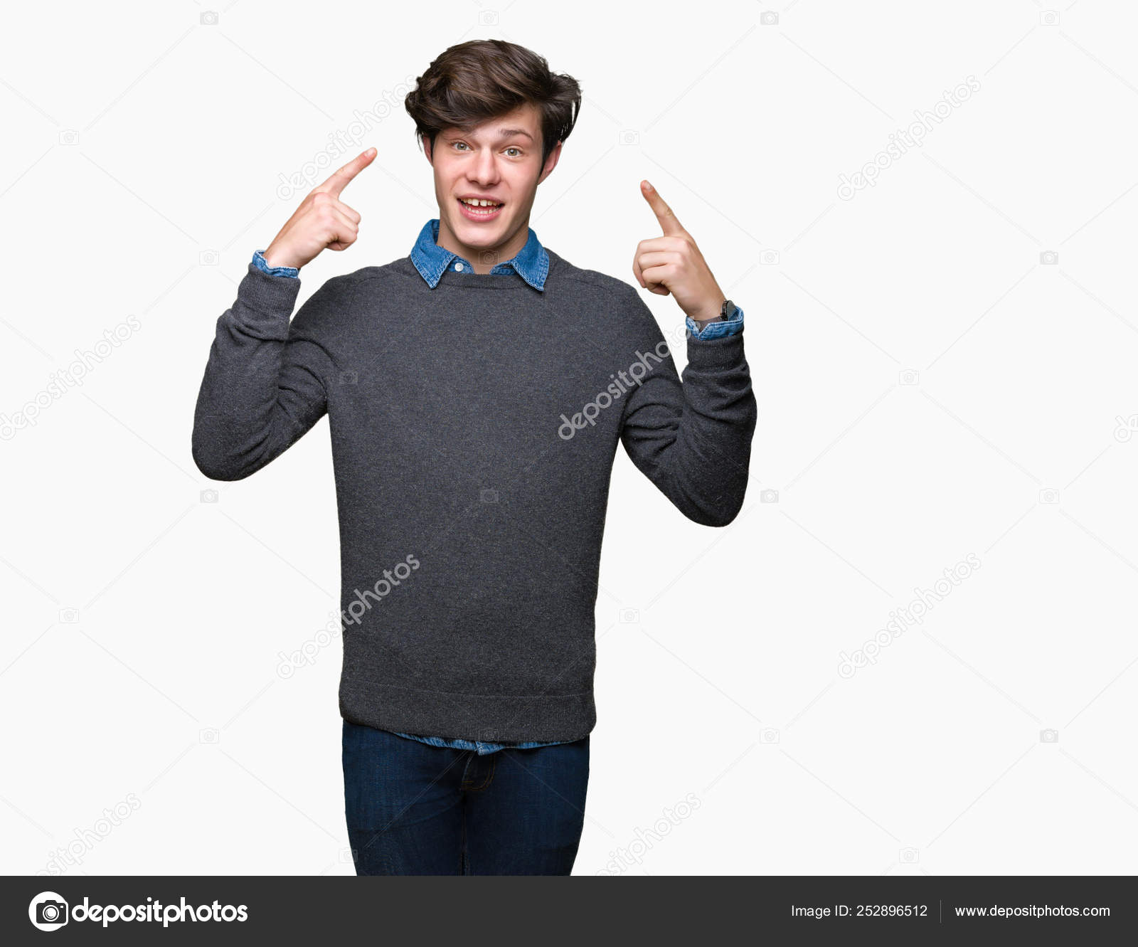 Young Handsome Elegant Man Isolated Background Smiling Pointing Head ...