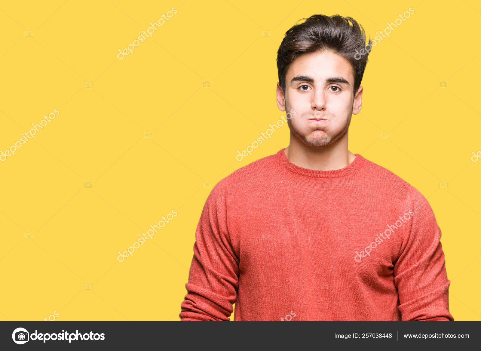 Young Handsome Man Isolated Background Puffing Cheeks Funny Face Mouth ...