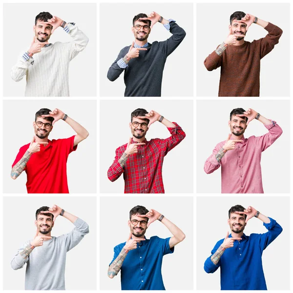 Collage of young man over isolated background smiling making frame with ...