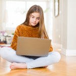 Beautiful Young Girl Studying School Using Computer Laptop Confident ...