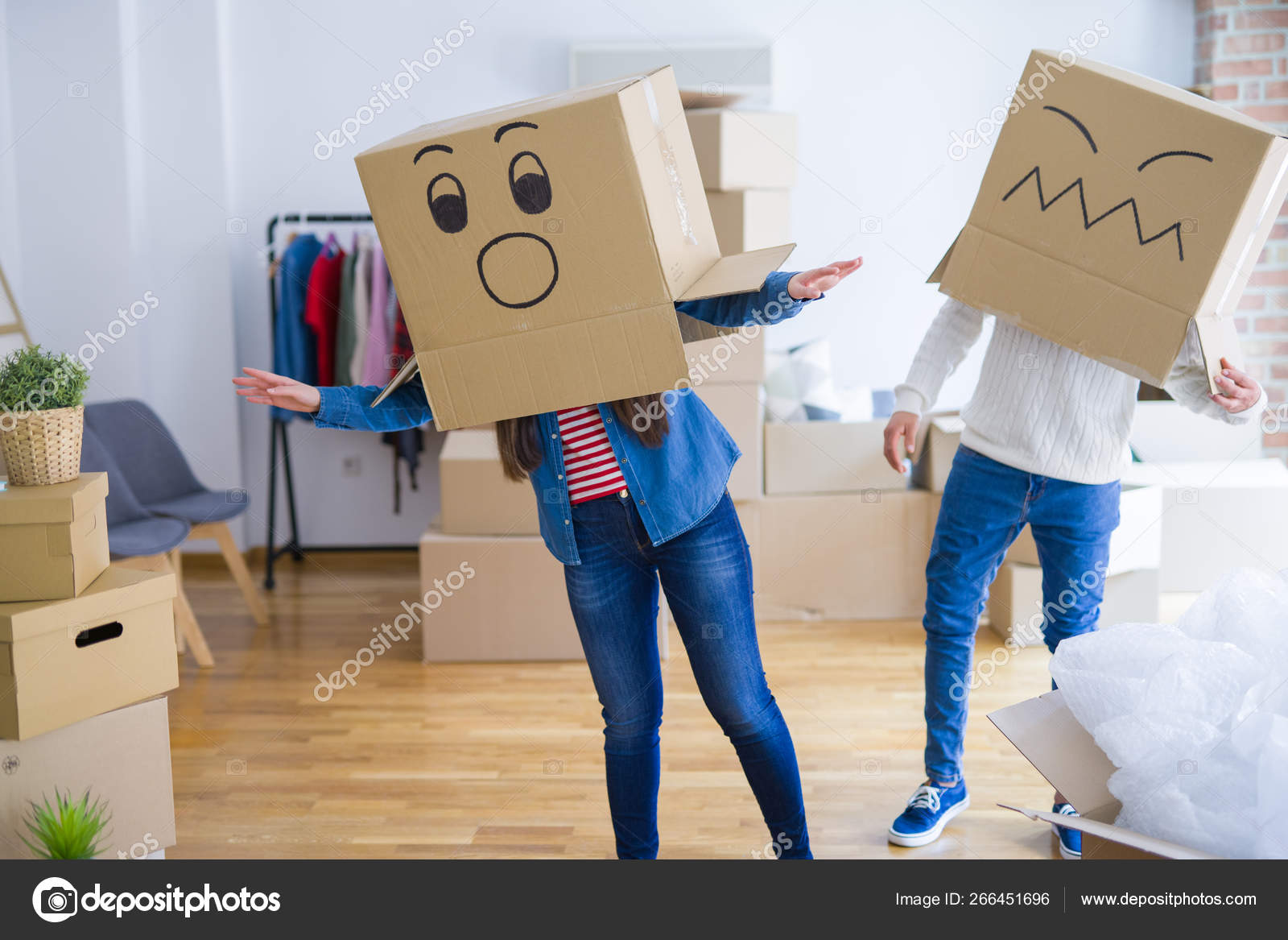 Crazy Couple Wearing Boxes Funny Faces Head Having Fun Happy Stock ...