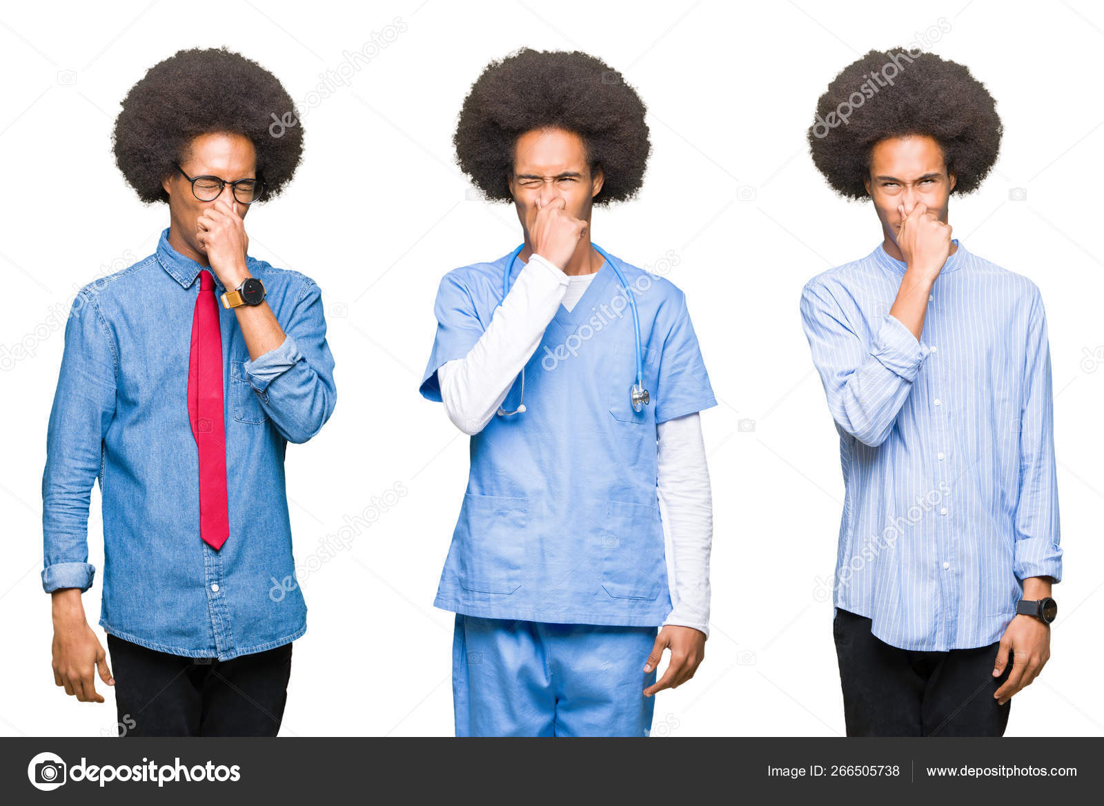 Collage Young Man Afro Hair White Isolated Background Smelling ...