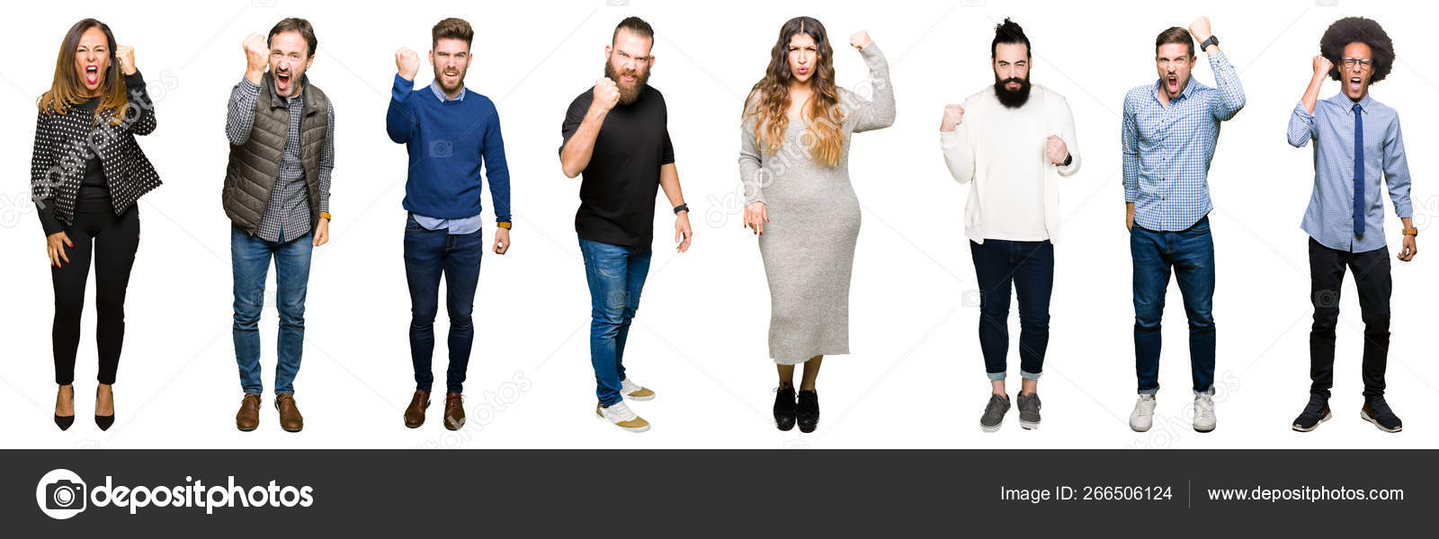 Collage People White Isolated Background Angry Mad Raising Fist ...