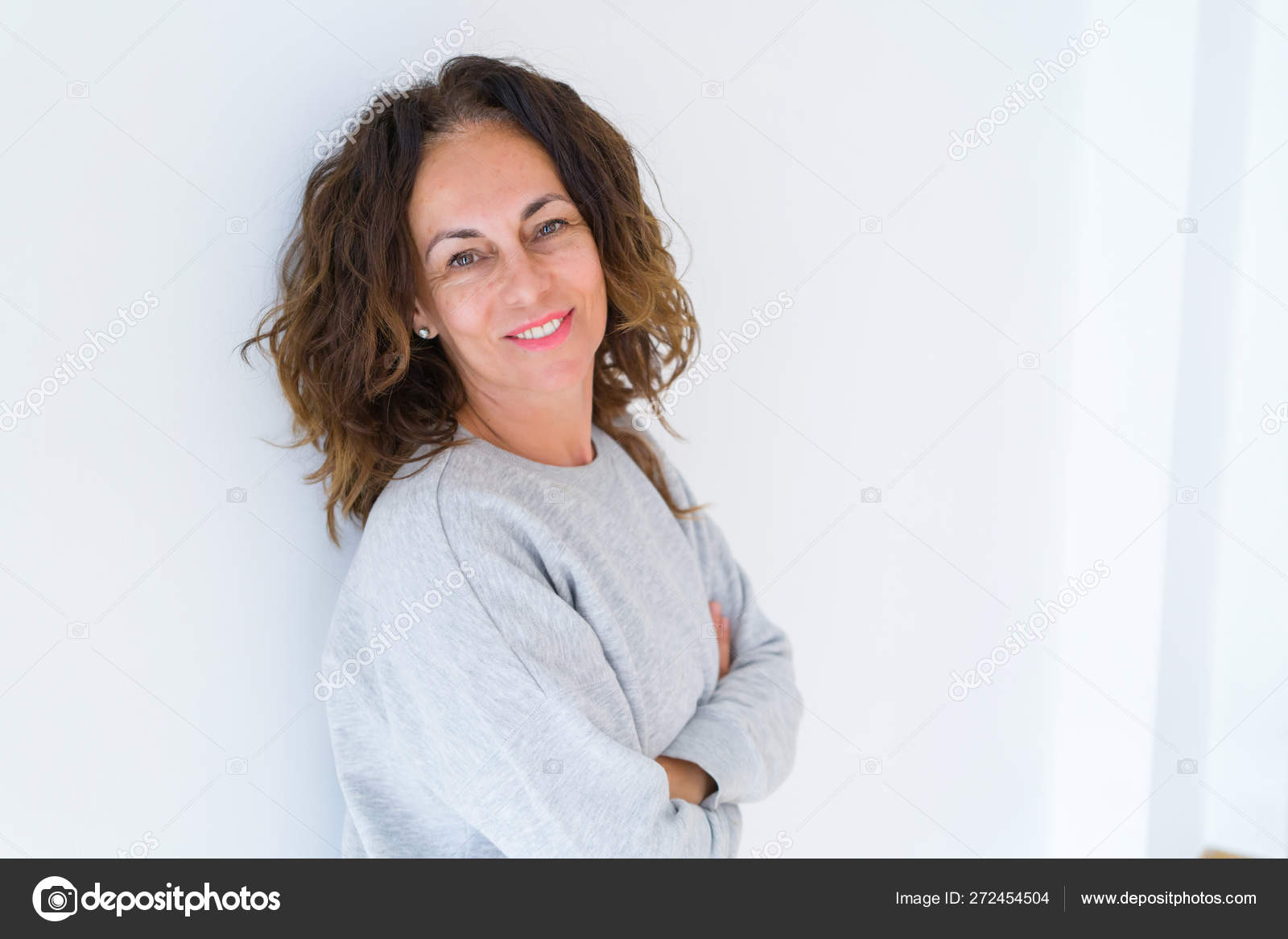 Beautiful Middle Age Woman Curly Hair Smiling Cheerful Happy Arms Stock ...