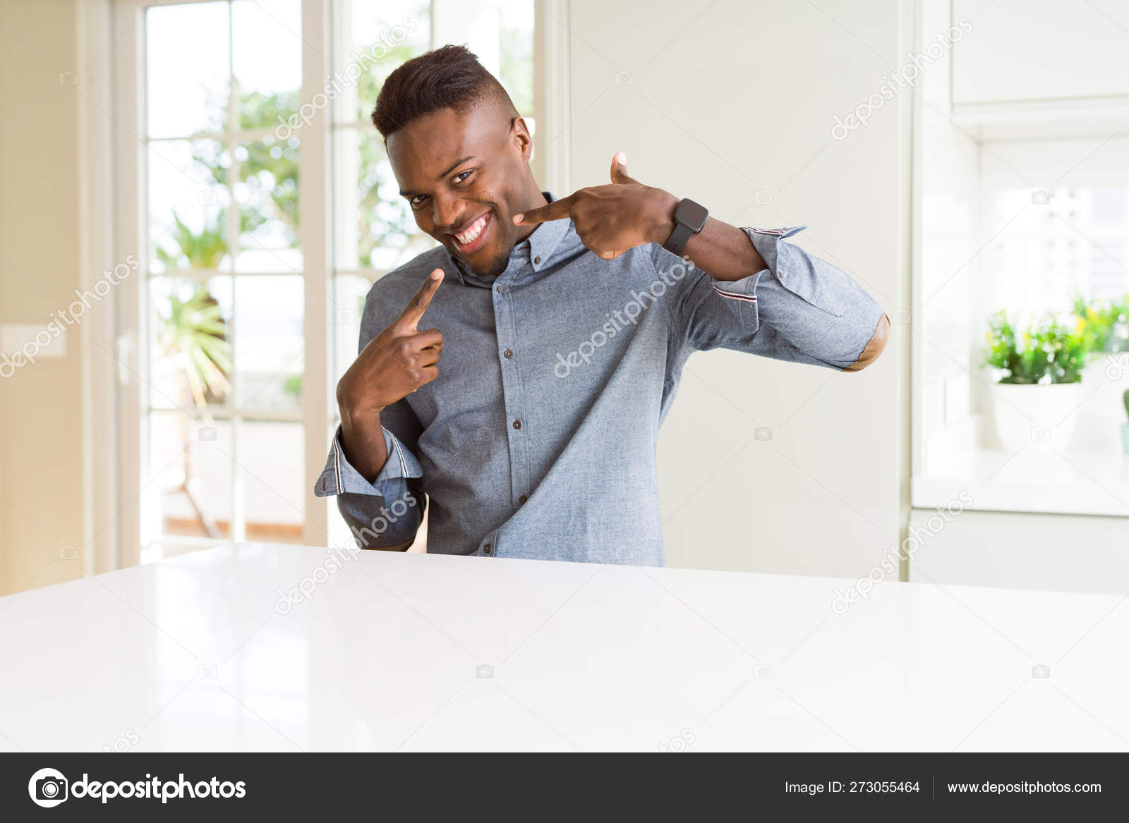 Handsome African American Man White Table Smiling Confident Showing ...