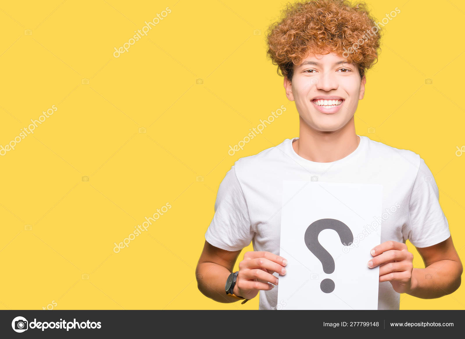 Young Handsome Man Holding Paper Question Mark Happy Face Standing ...