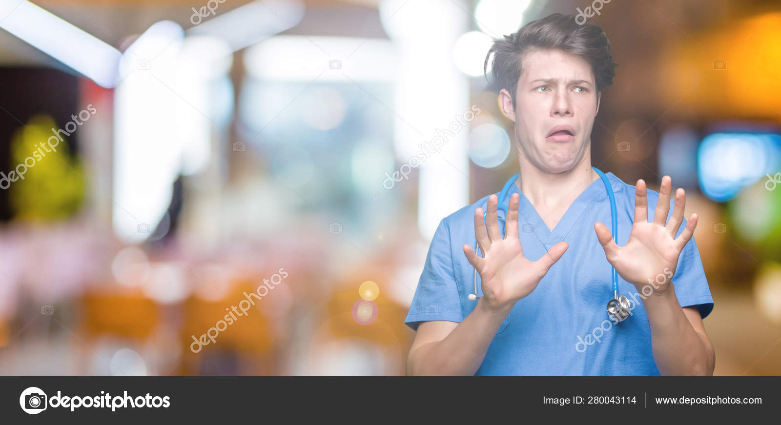 Young Doctor Wearing Medical Uniform Isolated Background Afraid ...