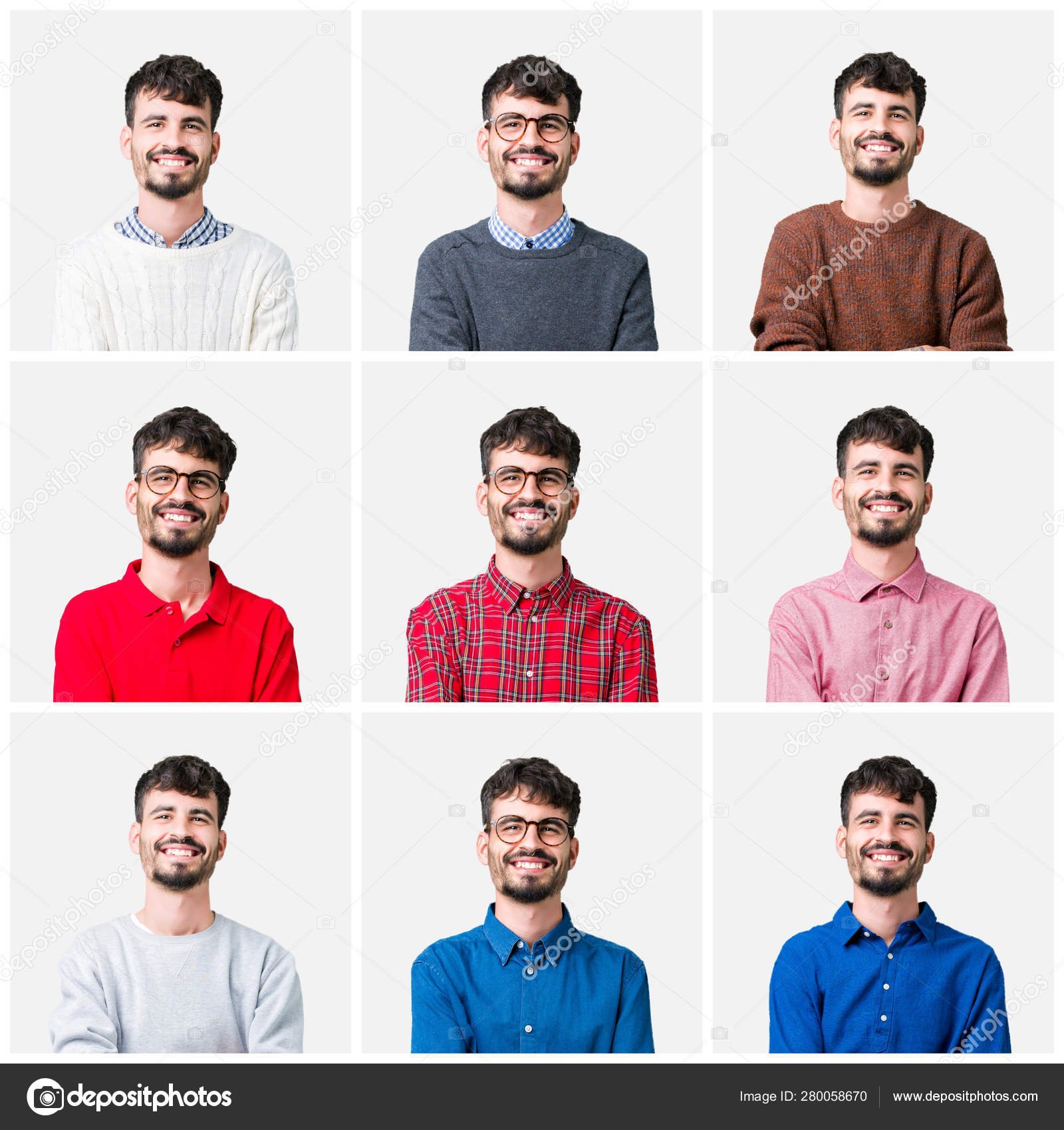Collage Young Man Isolated Background Happy Face Smiling Crossed Arms ...