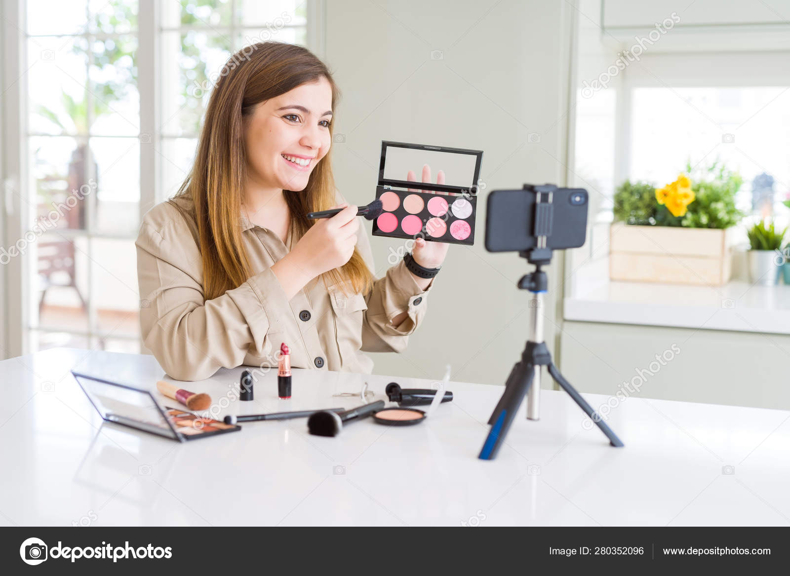 Beautiful Young Influencer Woman Recording Make Video Tutorial Happy ...