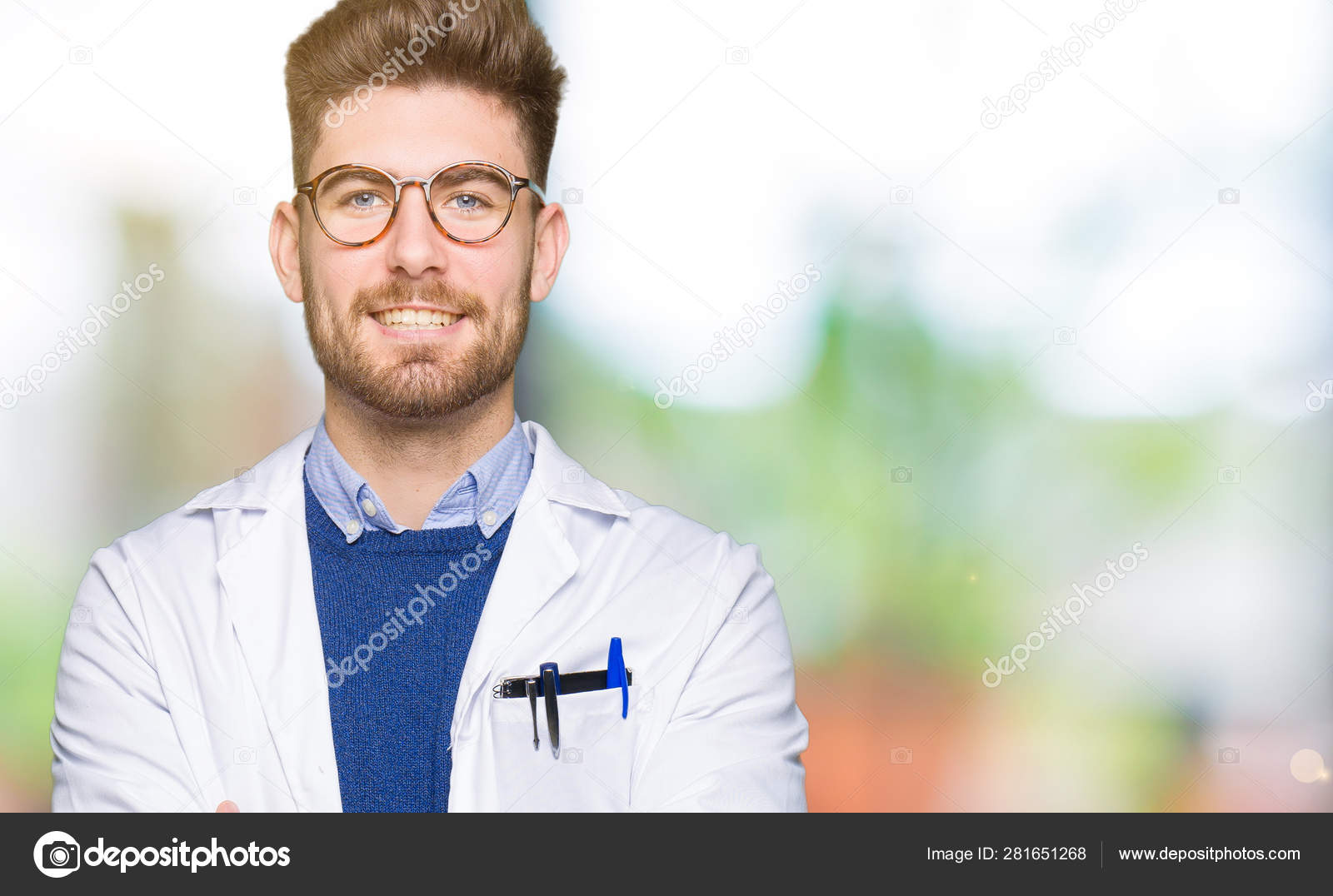 Young Handsome Scientist Man Wearing Glasses Happy Face Smiling Crossed ...