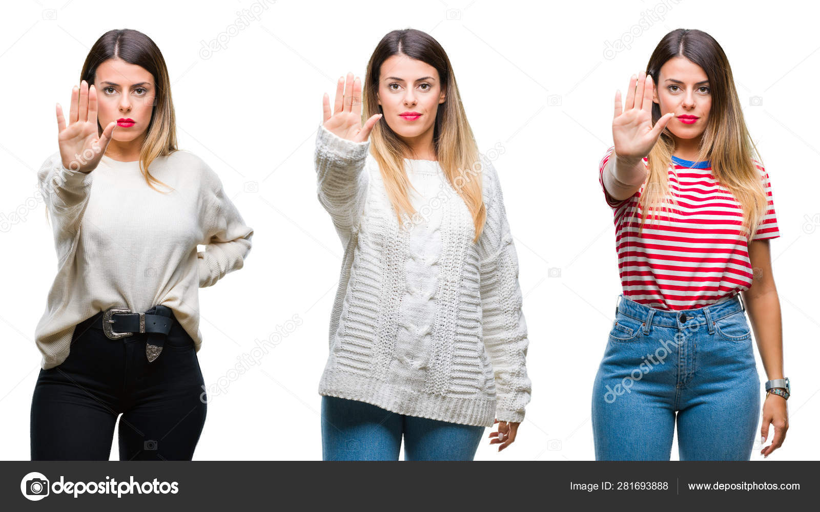 Collage Young Beautiful Woman Isolated Background Doing Stop Sing Palm ...